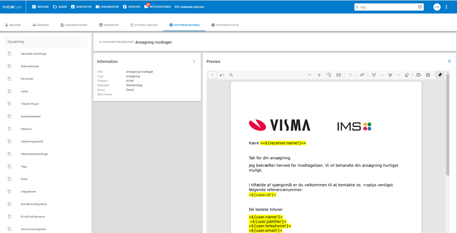 Opret dokumentskabelon til IMS Case (inkl. flettefelter) – Visma IMS A/S