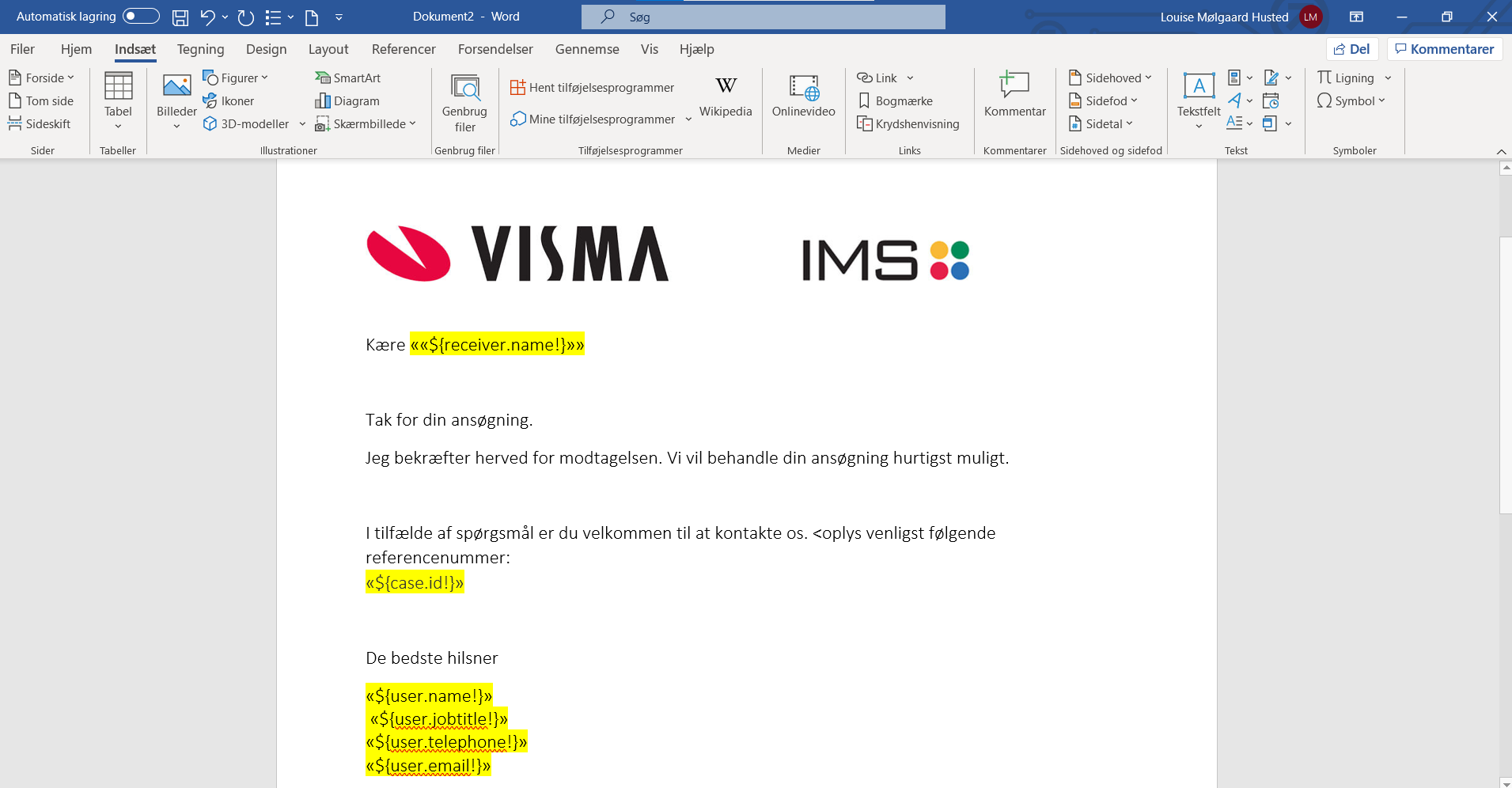 Opret dokumentskabelon til IMS Case (inkl. flettefelter) – Visma IMS A/S
