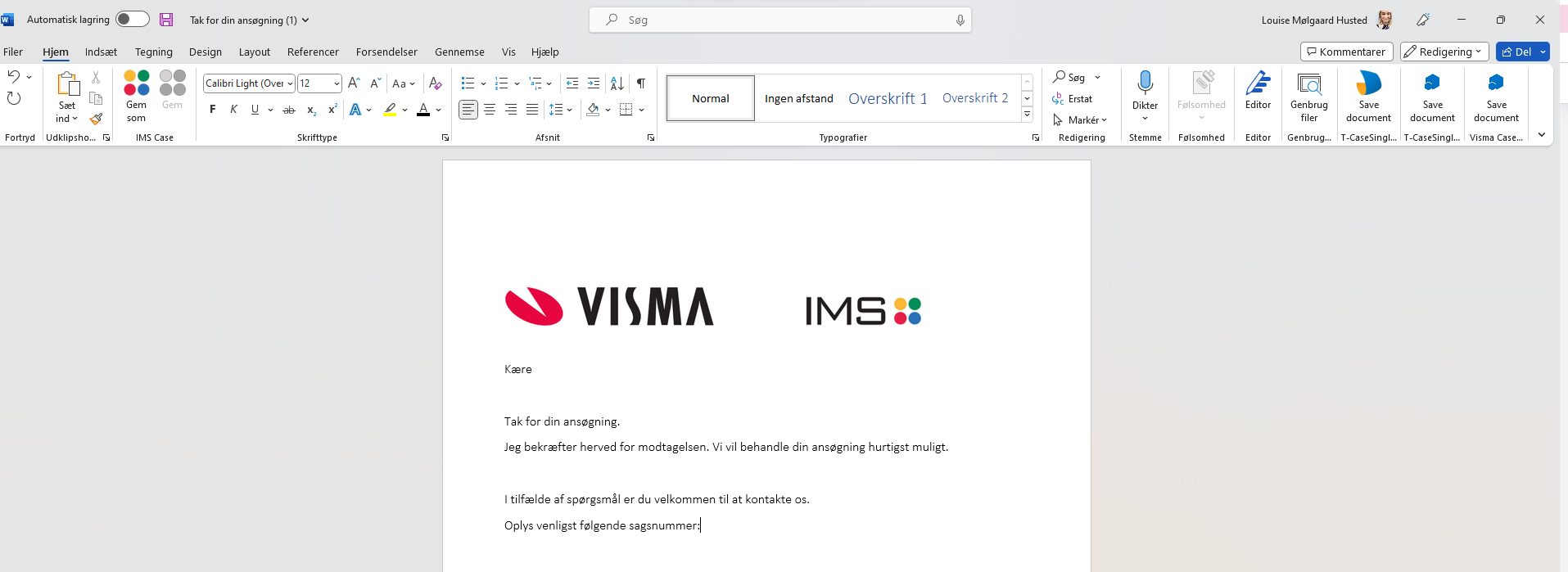 Opret dokumentskabelon til IMS Case (inkl. flettefelter) – Visma IMS A/S